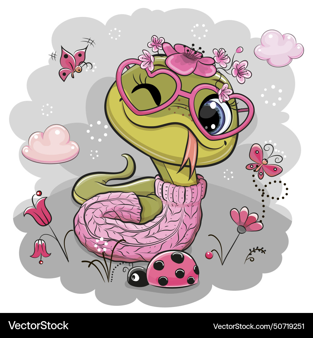 Cartoon snake on a meadow with flowers Royalty Free Vector