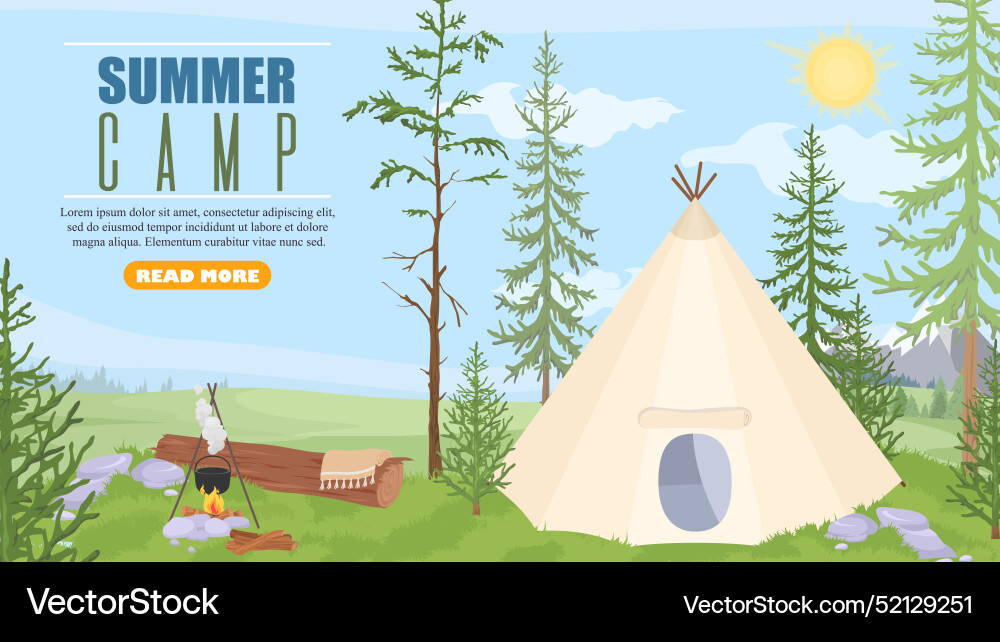 Summer camp website template with campsite Vector Image
