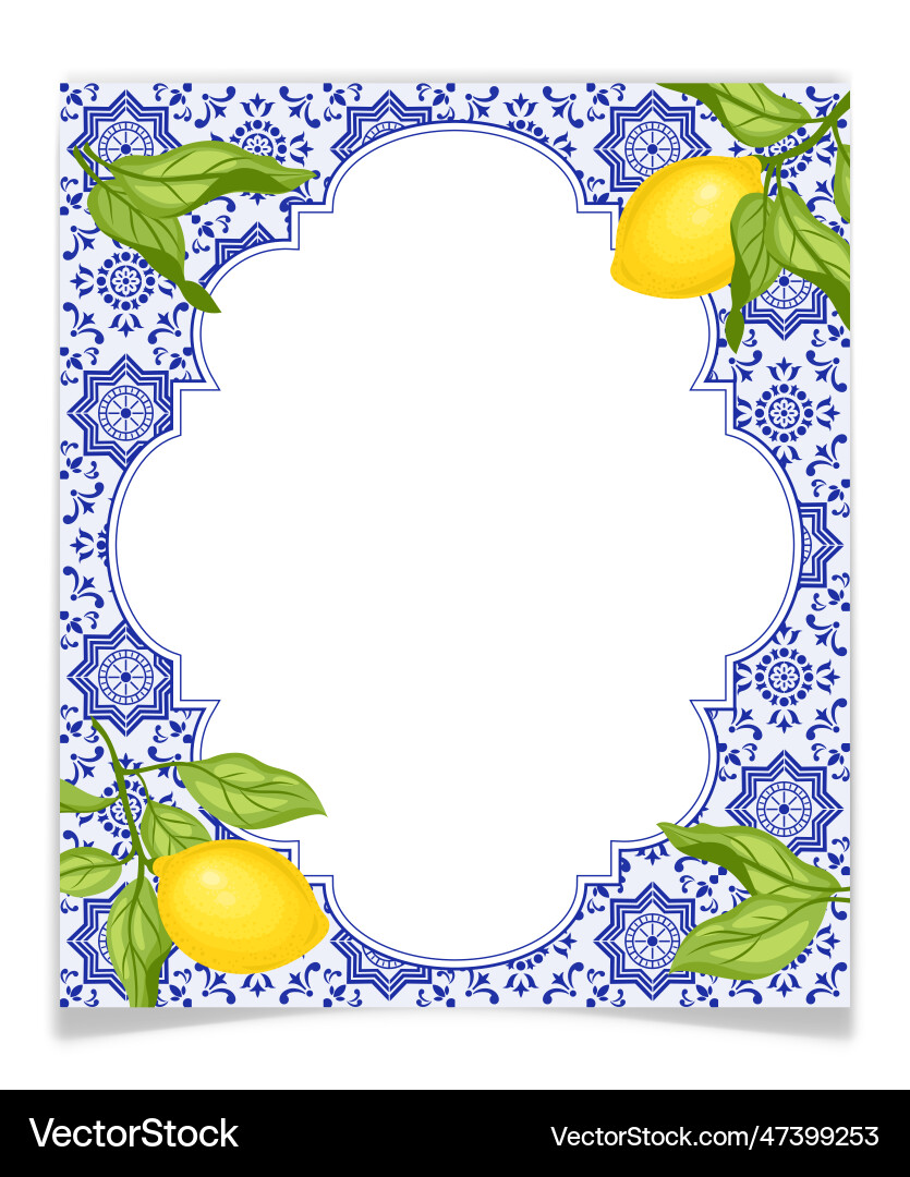 Blue Tile Frame with Lemon Branches Royalty Free Vector