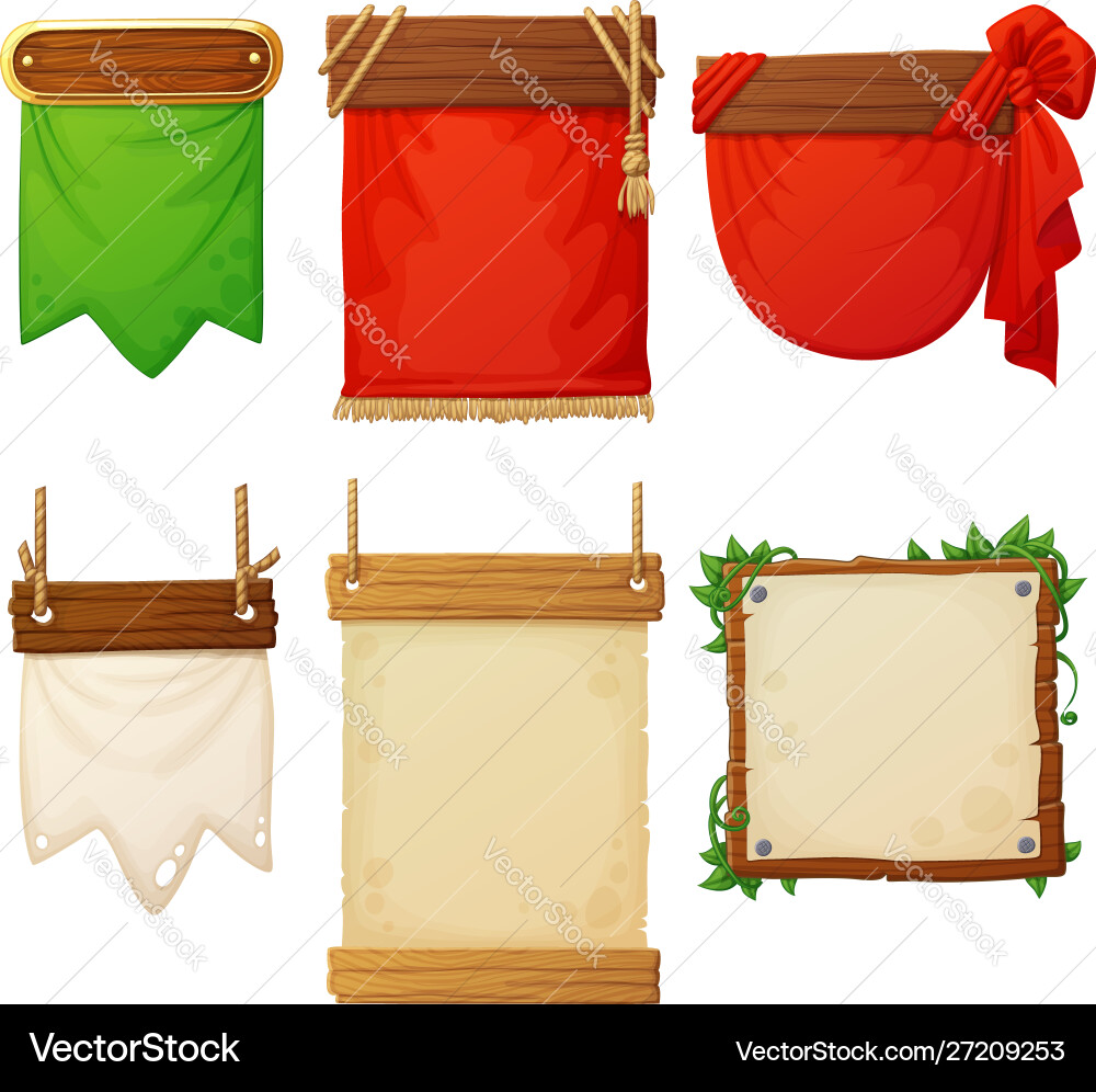 Set wooden banners with decorative cloth flags Vector Image