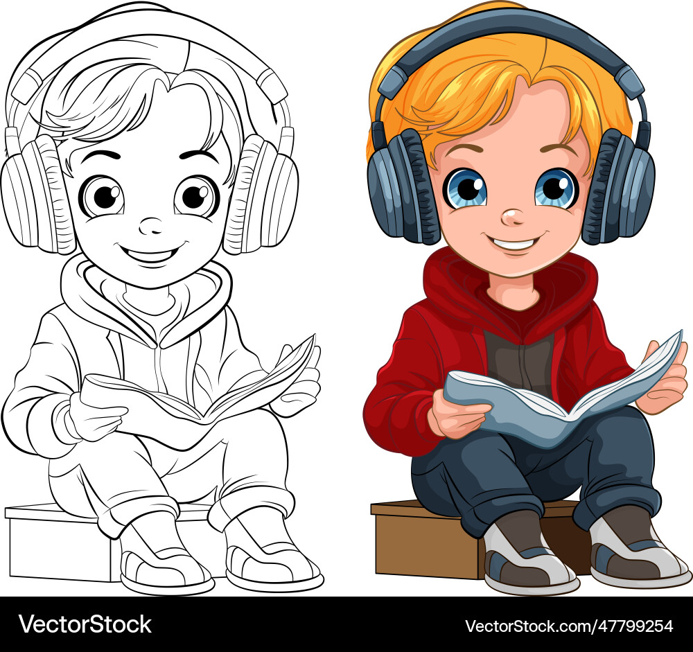 Boy reading book wearing headset Royalty Free Vector Image