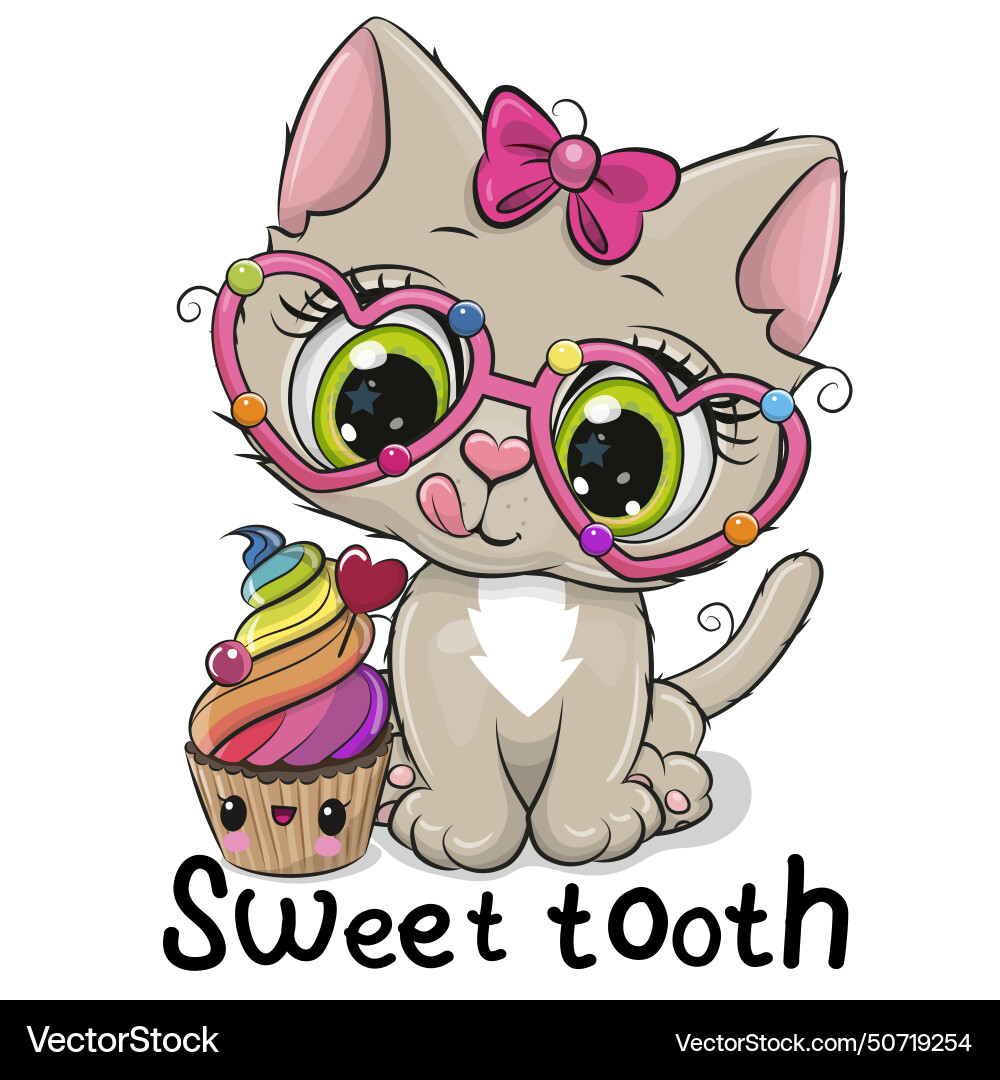 Cartoon kitty sweet tooth with cupcake Royalty Free Vector