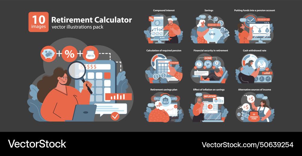 Retirement calculator set navigating financial Vector Image
