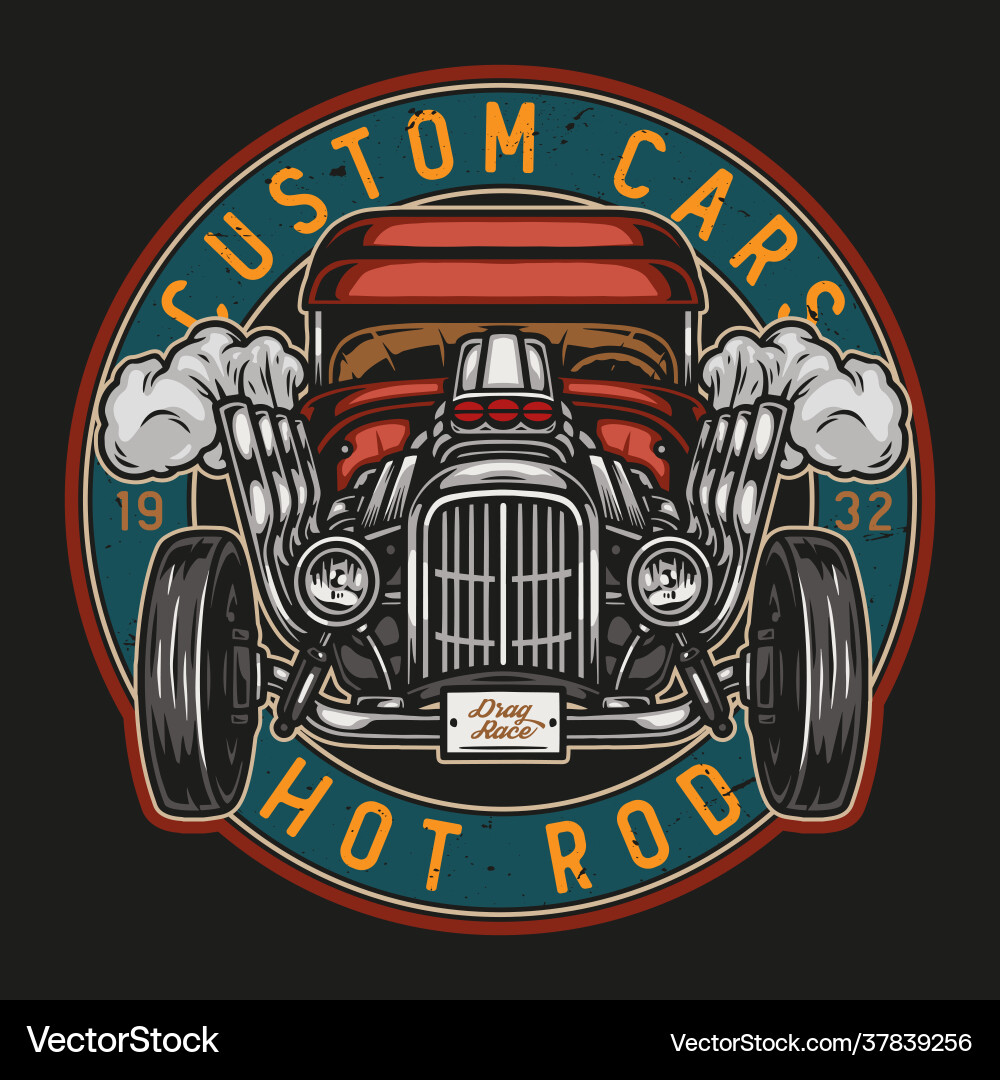 Custom retro car round colorful emblem Royalty Free Vector