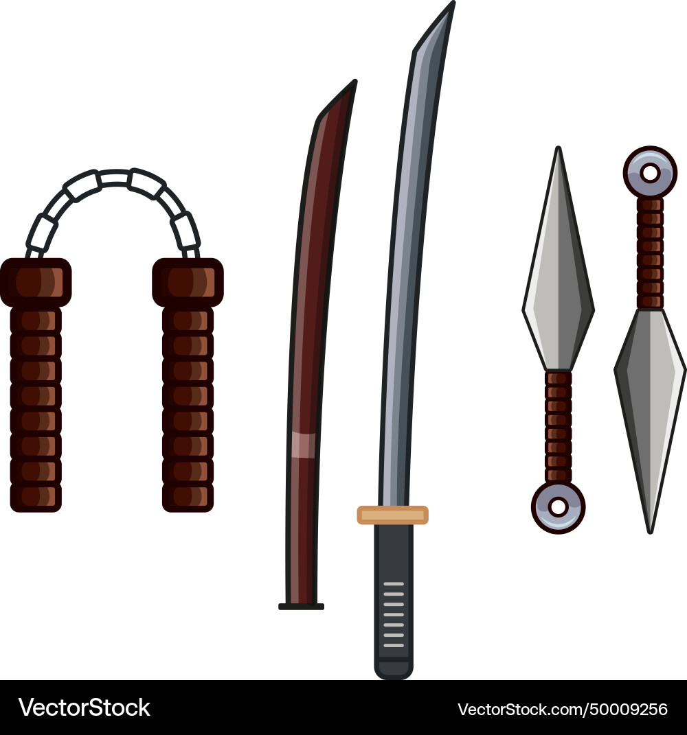 Ninja weapons cartoon nunchaku dagger katana Vector Image