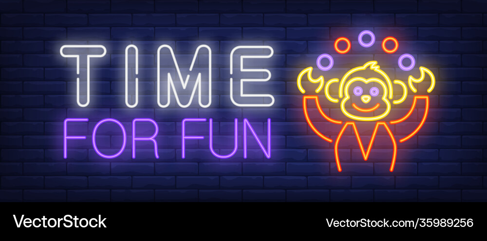 Time for fun neon text with monkey juggling Vector Image