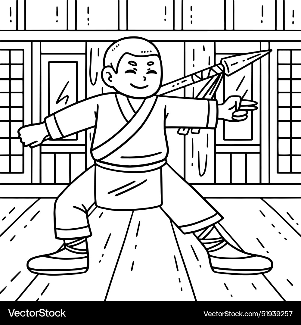 Buddhism shaolin monk with spear coloring page Vector Image
