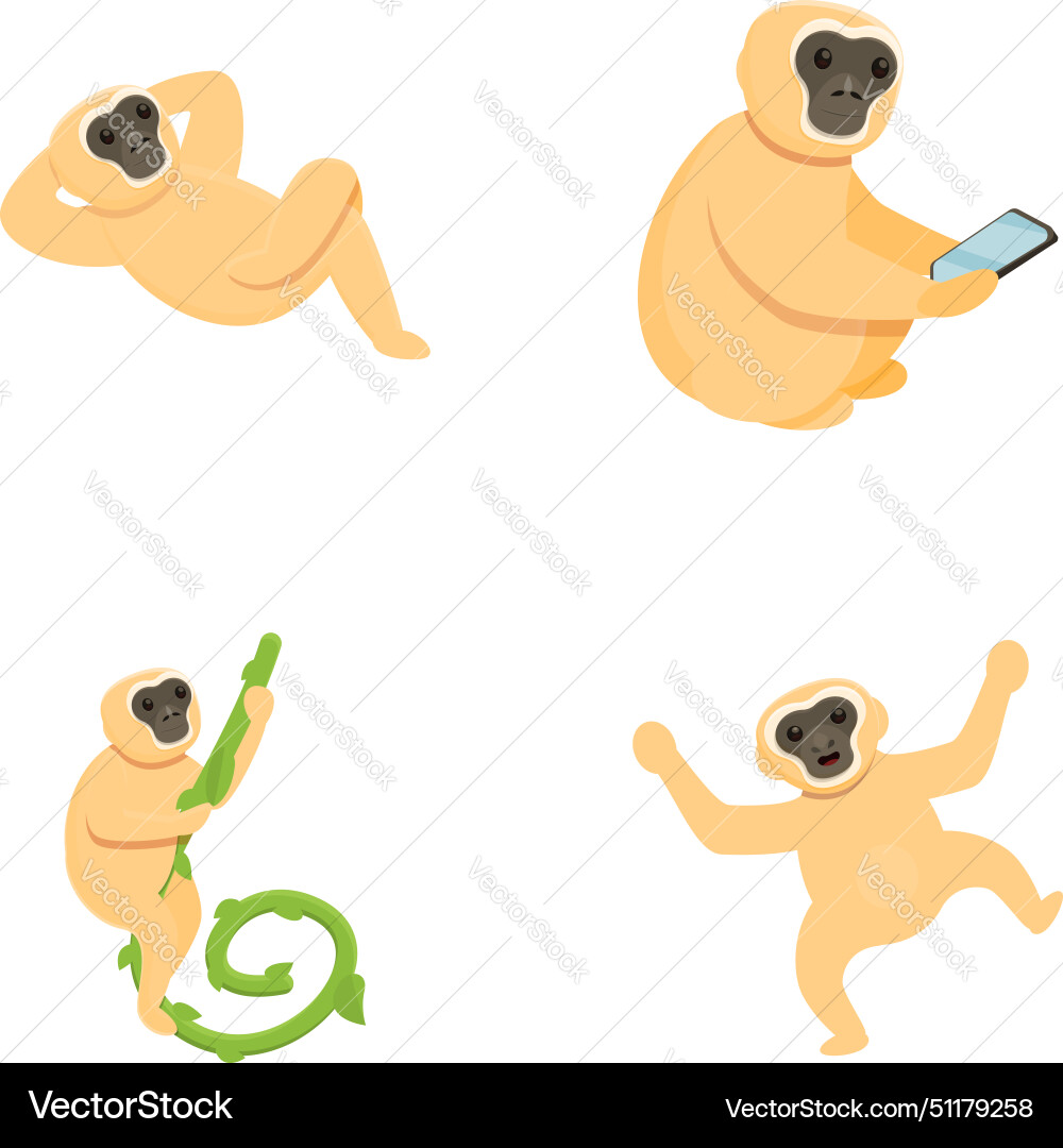 Cartoon gibbon icons set Royalty Free Vector Image