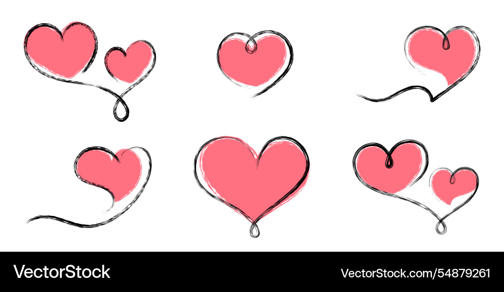 Set of linear hearts different shapes drawn Vector Image