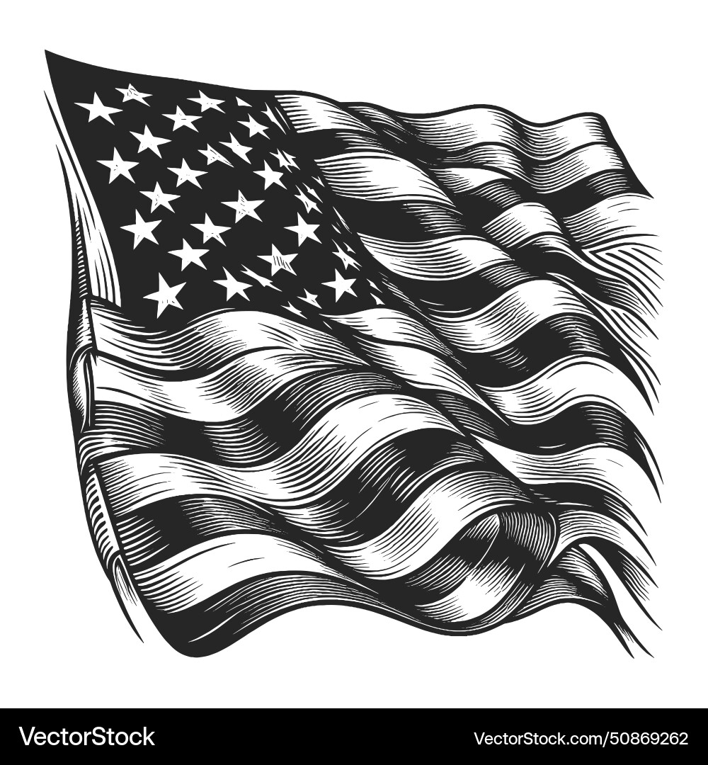 American flag waving engraving sketch Royalty Free Vector