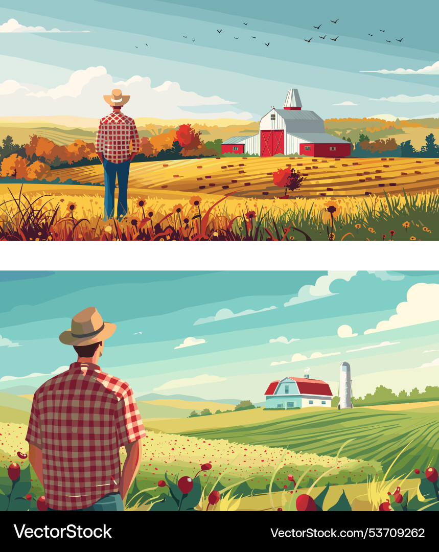 Farmer watching farm field cartoon scenes Vector Image
