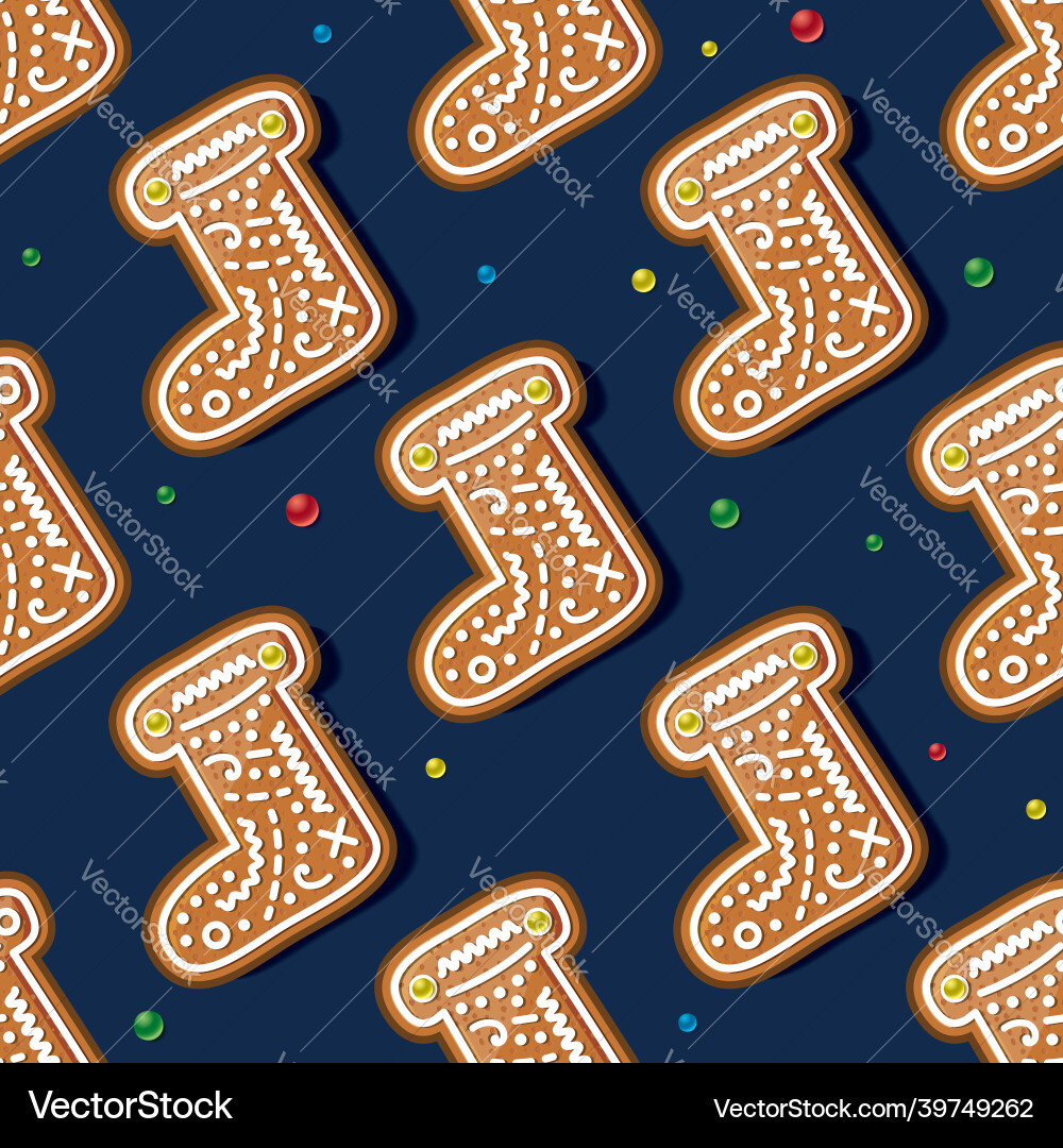 Seamless pattern with gingerbread boot on blue Vector Image
