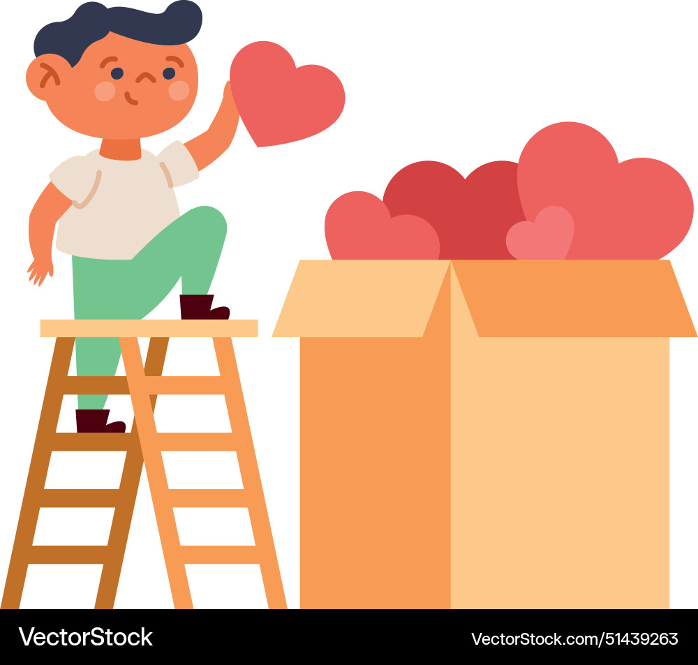 Boy putting hearts into box charity Royalty Free Vector