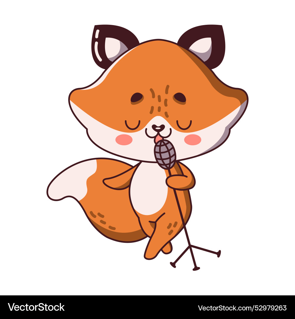 Kawaii fox singing in microphone flat Royalty Free Vector