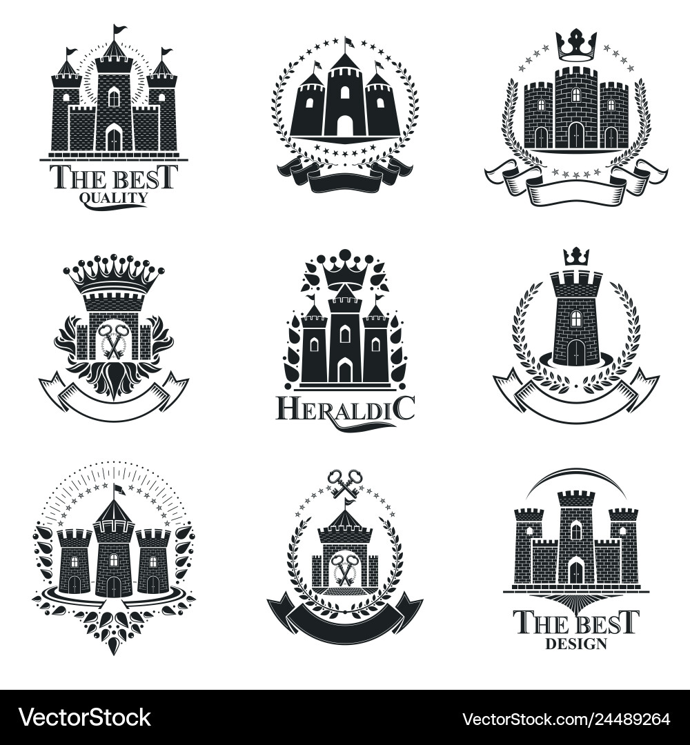 Ancient castles emblems set heraldic coat of arms Vector Image
