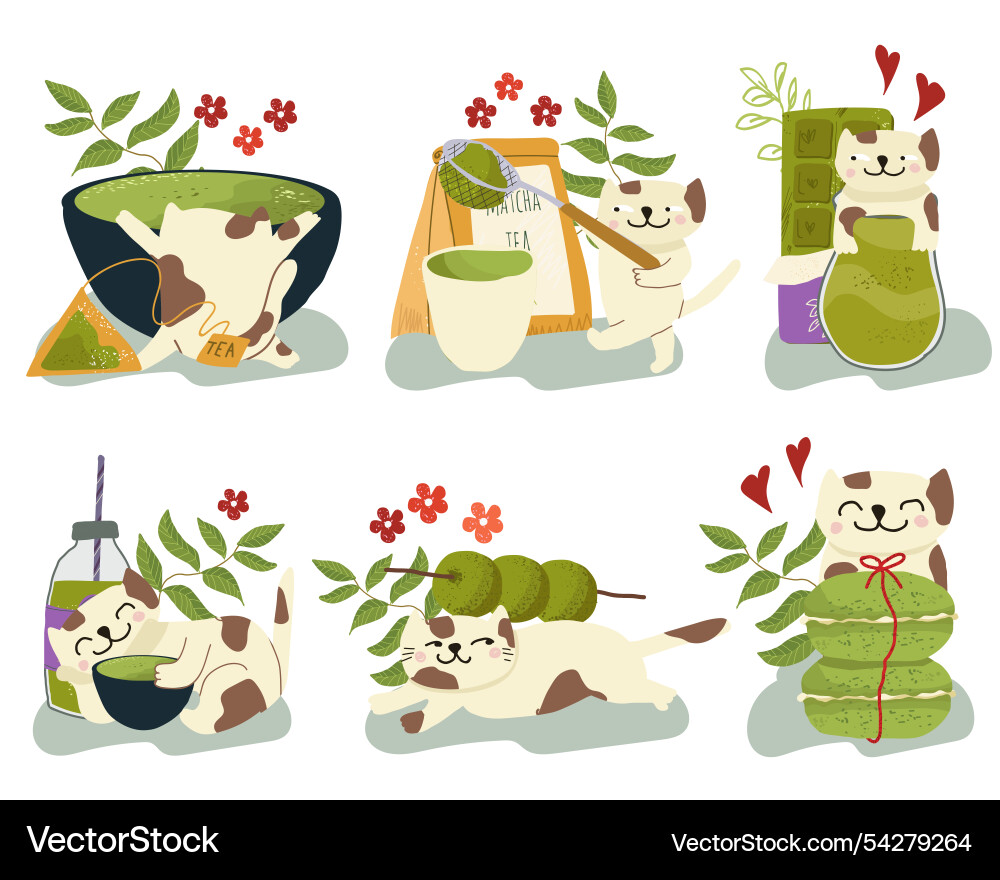Cute cats with matcha tea and desserts Royalty Free Vector