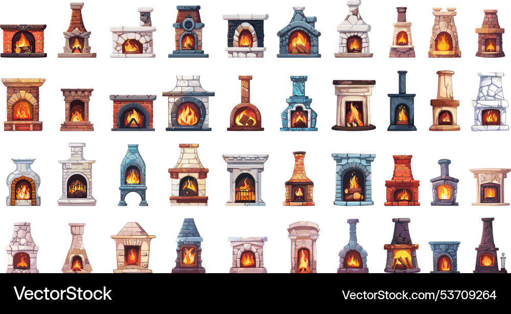 Fireplace cartoon set stoves stones bricks Vector Image