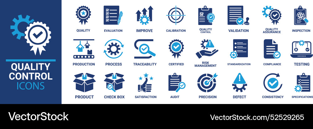 Quality control icon set containing inspection e Vector Image