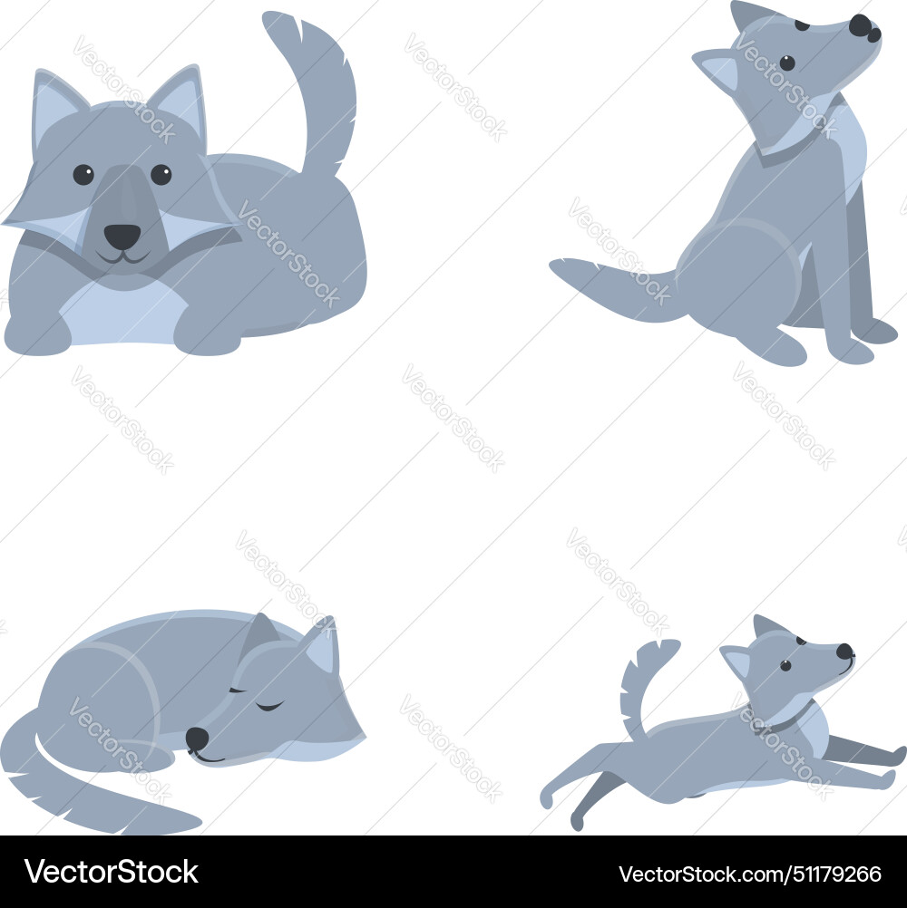 Wolf icons set cartoon cute gray Royalty Free Vector Image