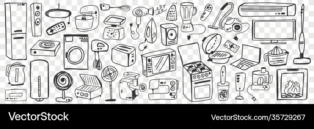 Various household appliances doodle set Royalty Free Vector