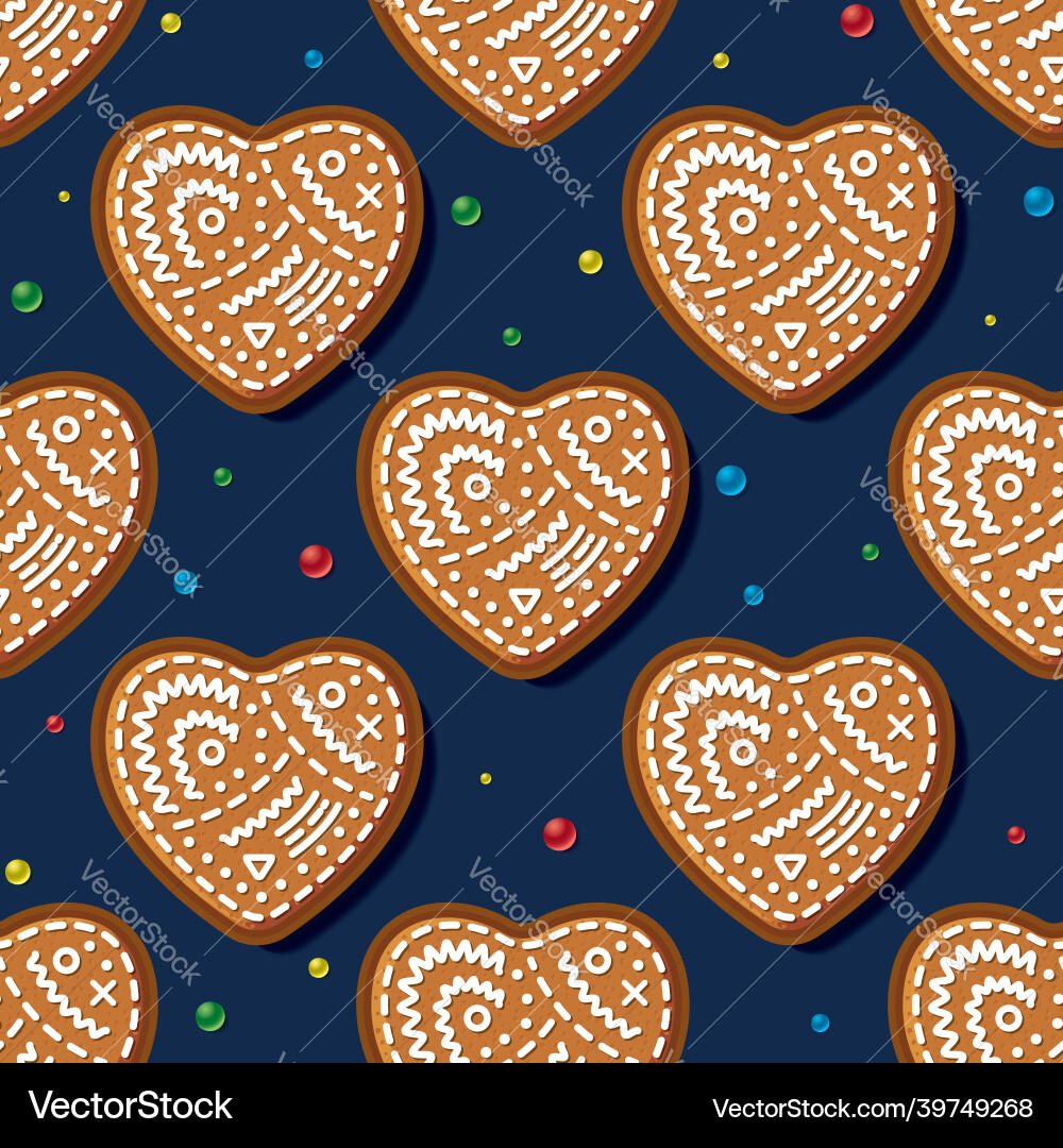 Seamless pattern with gingerbread heart on blue Vector Image