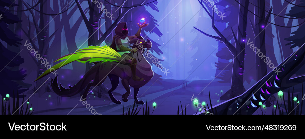 Mysterious knight riding griffin in night forest Vector Image