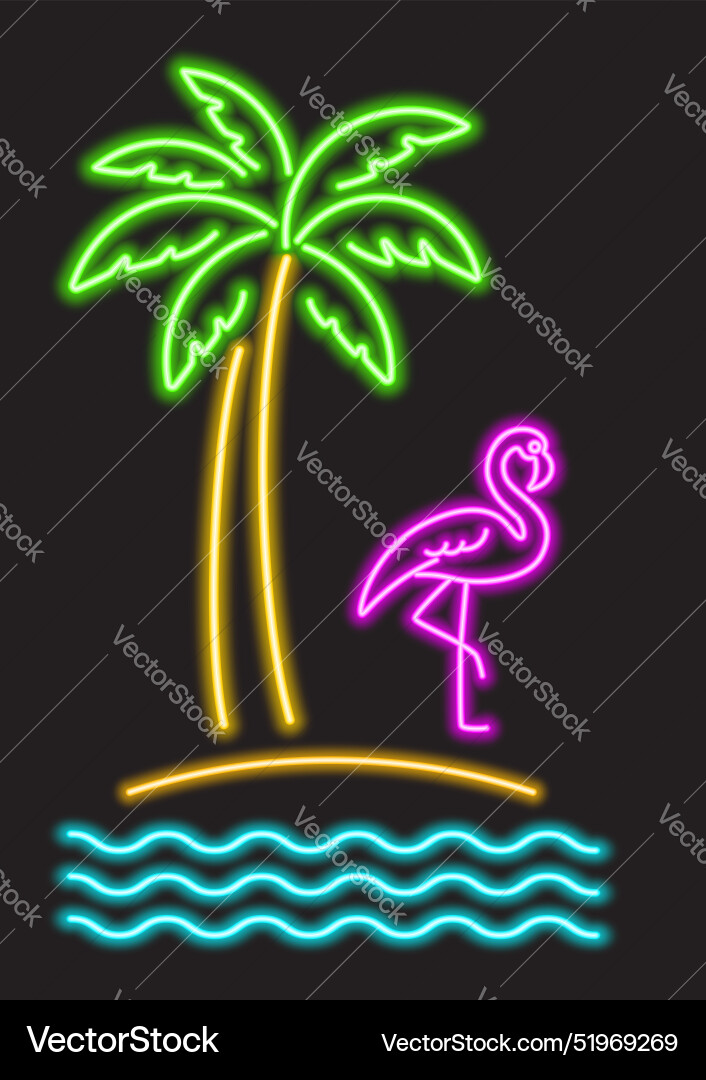 Neon glowing flamingo and palm tree Royalty Free Vector