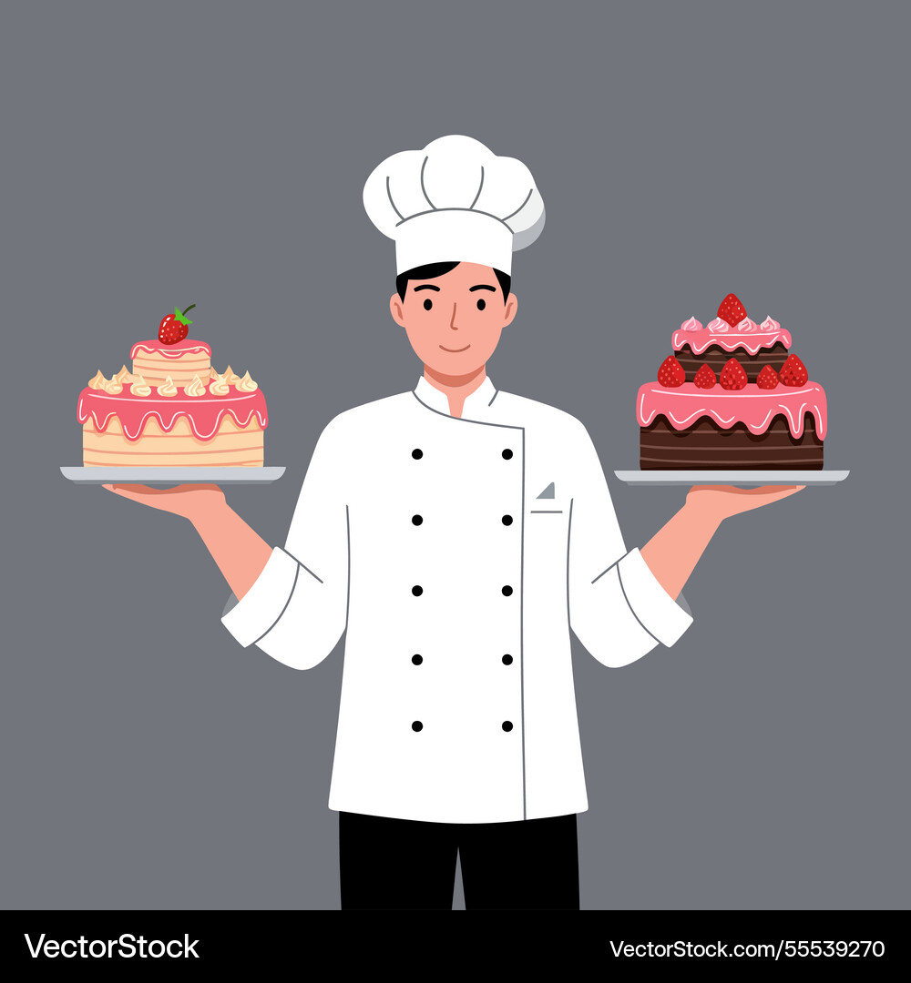 Chef presenting two delicious cakes in flat art Vector Image