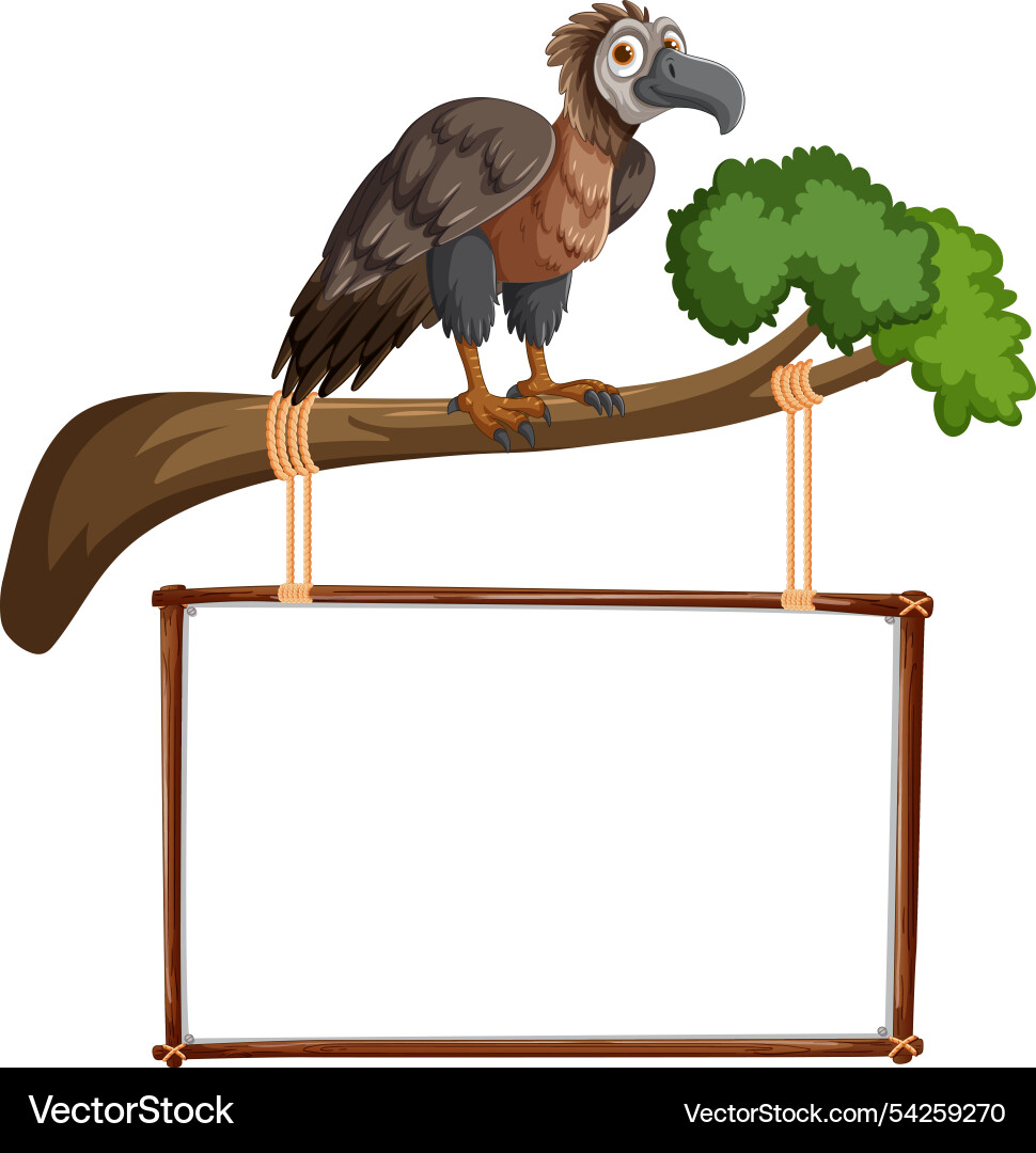 Vulture perched on branch above blank hanging sign