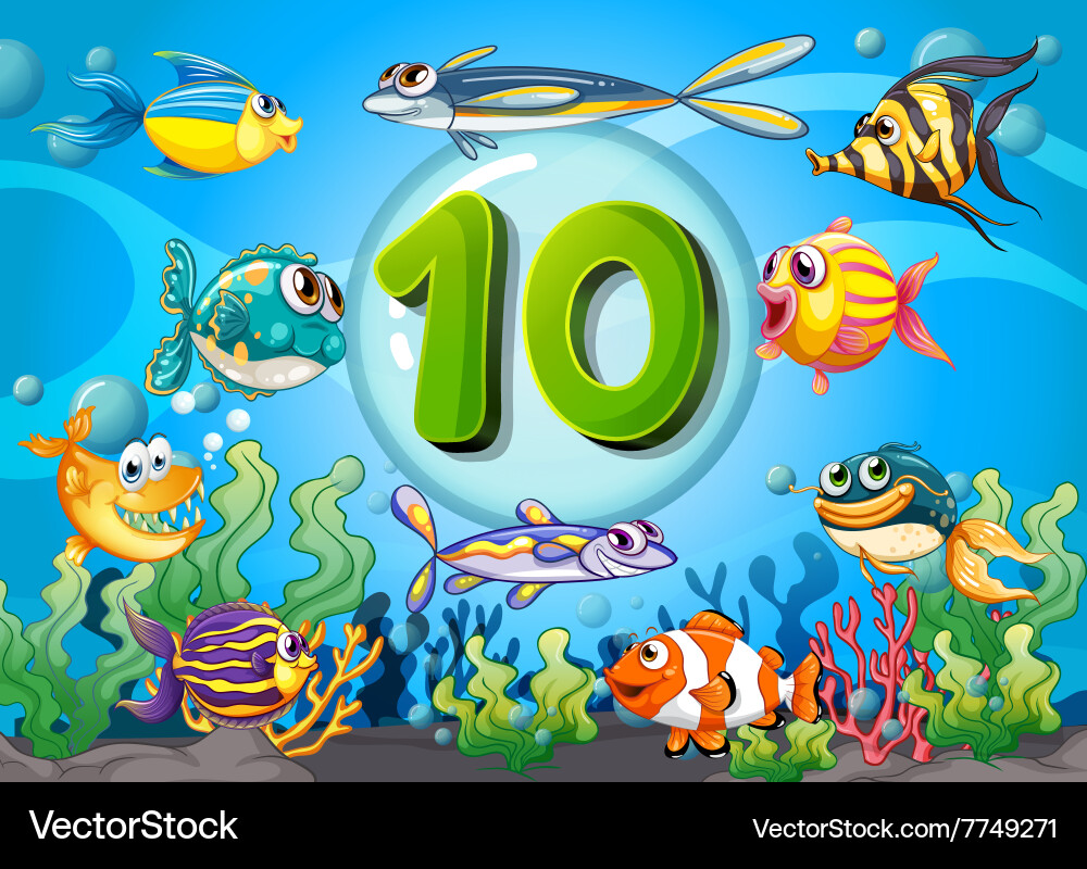 Underwater Number Ten Flashcard with Fish Vector Image