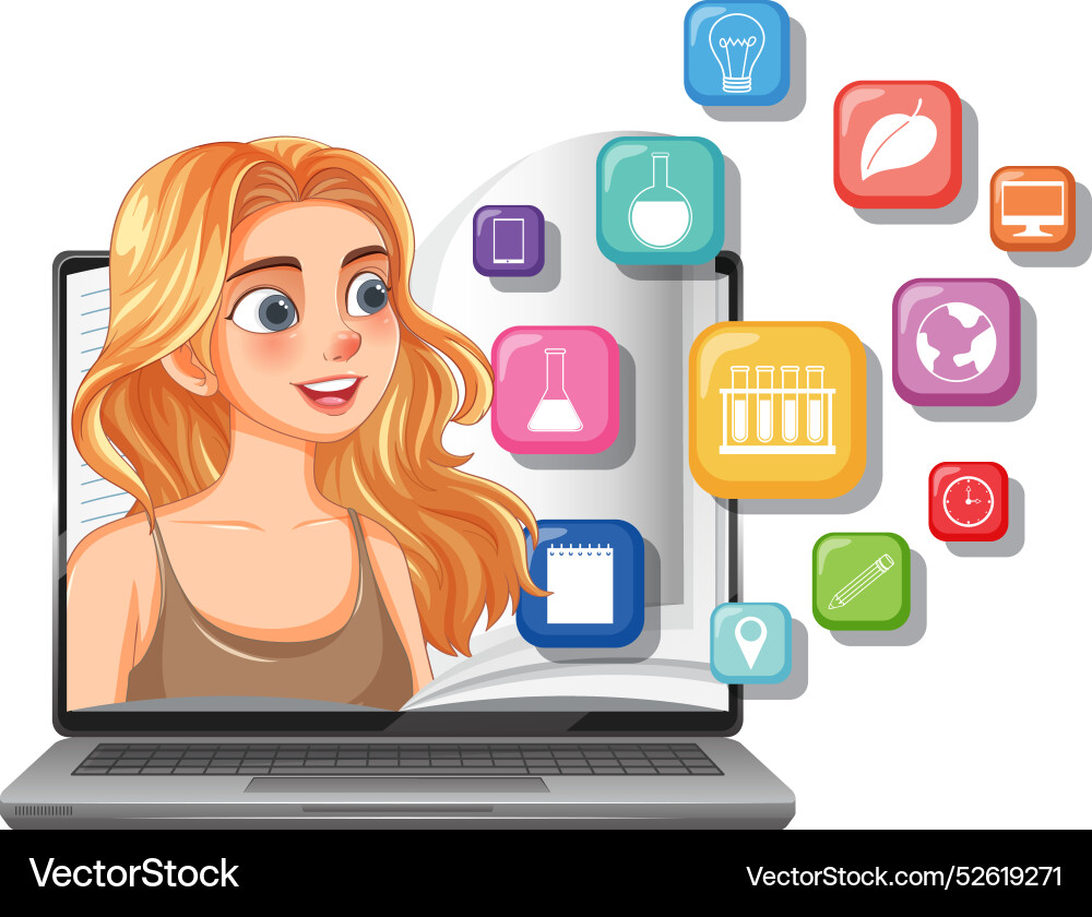 Woman learning online with educational icons Vector Image
