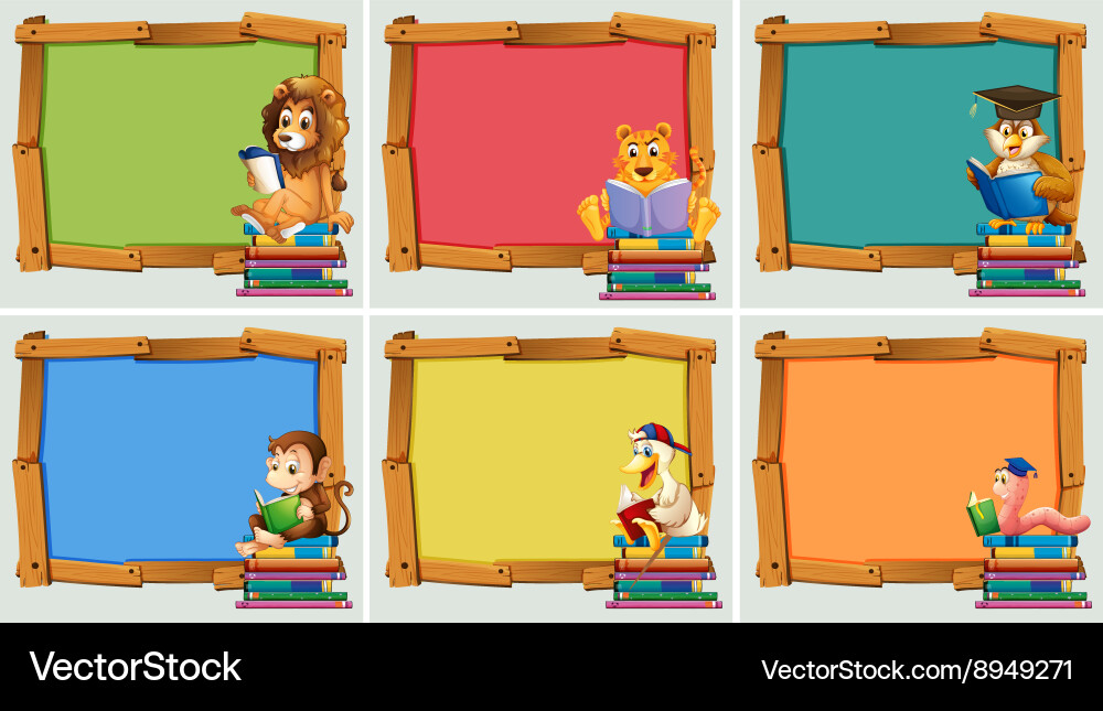 Wooden frames with animals reading books Vector Image