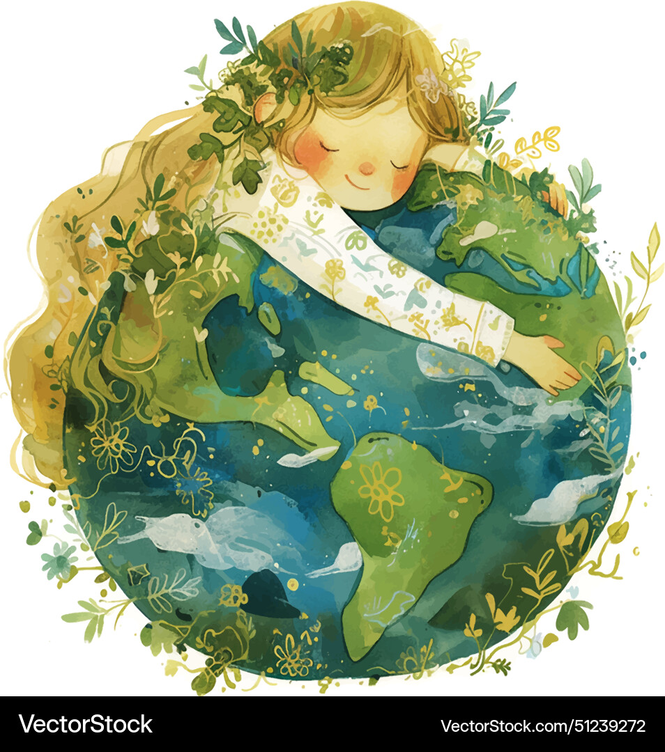Girl Hugging Earth Globe Royalty Free Vector Image