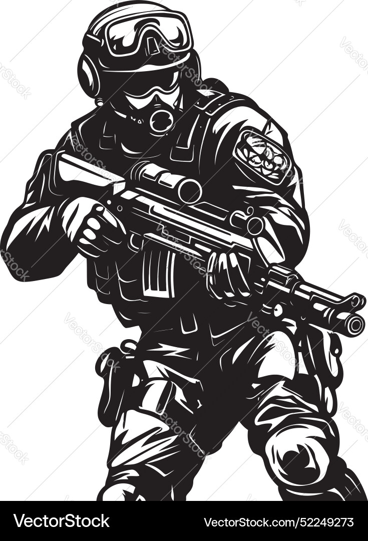 Battle ready soldier holding gun black icon Vector Image