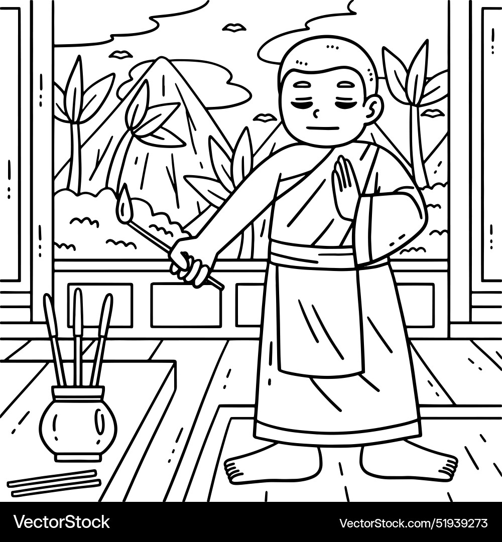 Buddhism monk lighting prayer incense coloring Vector Image