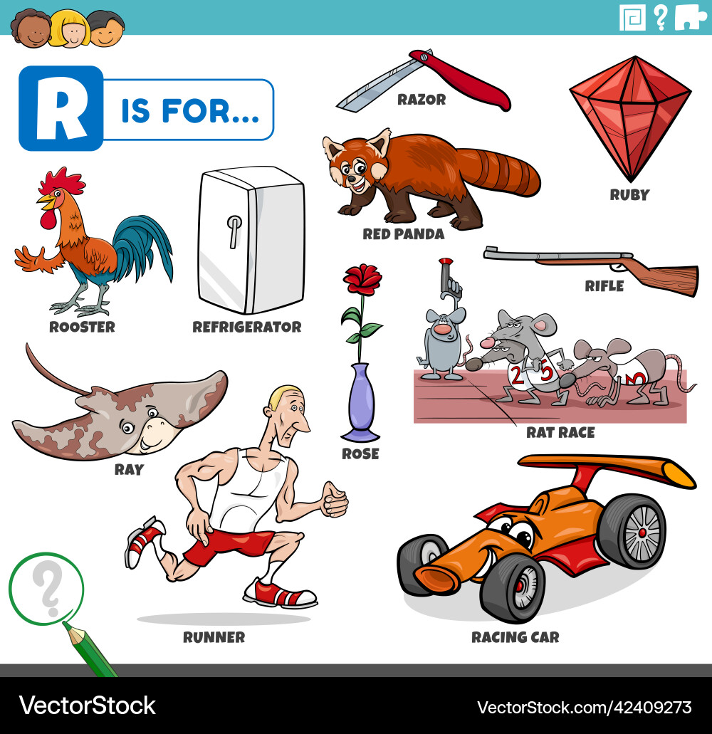 Letter r words educational set with cartoon Vector Image