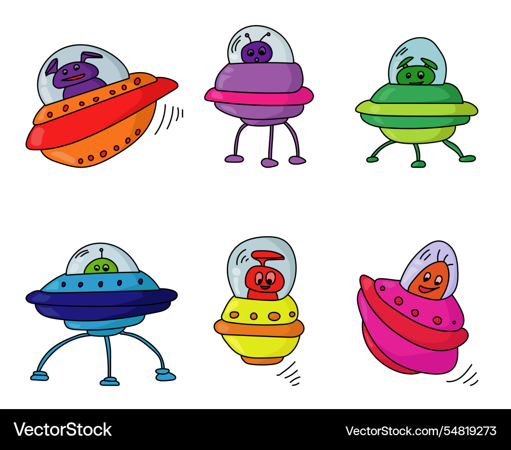 Ufo set with alien in doodle style cute aliens Vector Image