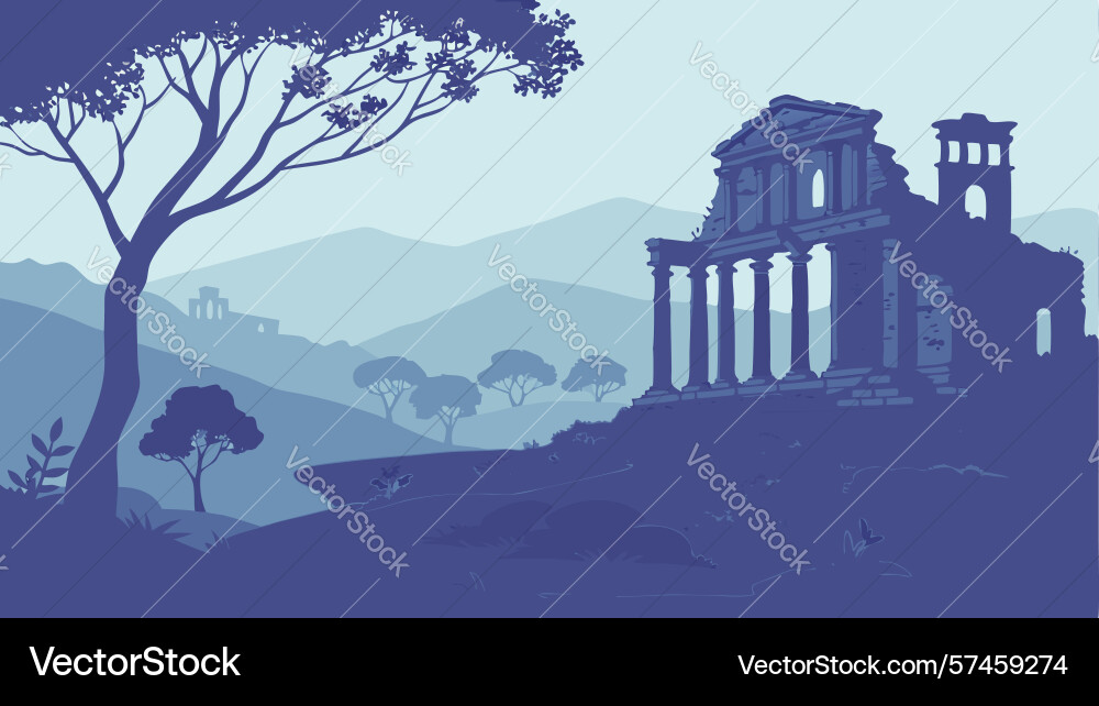 Ancient roman ruins under moonlit sky art design Vector Image