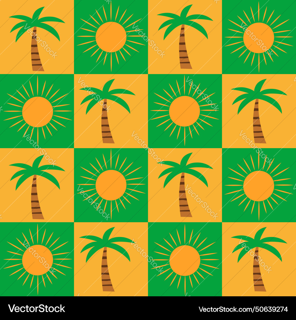 Checkered orange sun and green palm trees Vector Image