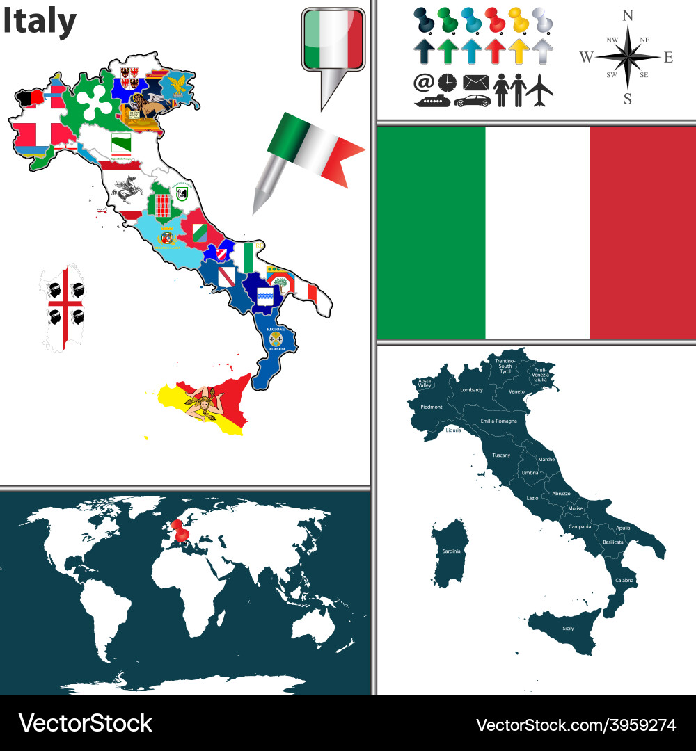 Italy Regions Map with Flags Royalty Free Vector Image