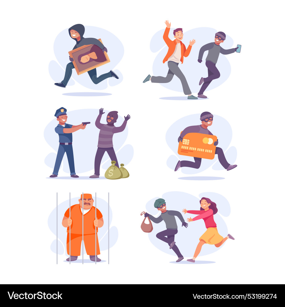 Man criminal commit crime and theft set Royalty Free Vector