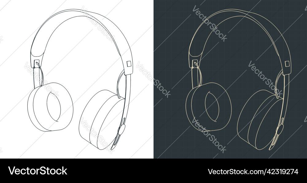 Monitor headphones isometric blueprints Royalty Free Vector