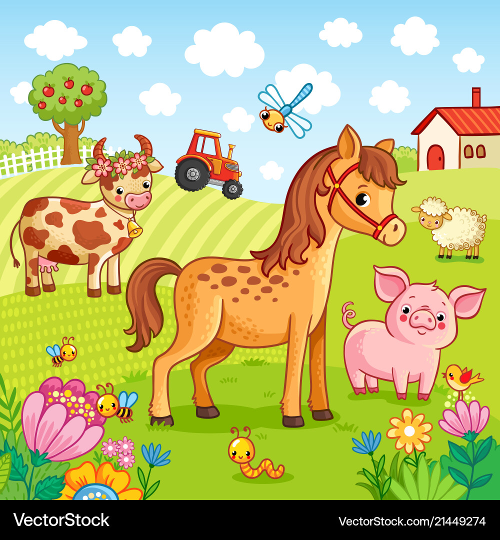 Pets graze near the farm Royalty Free Vector Image