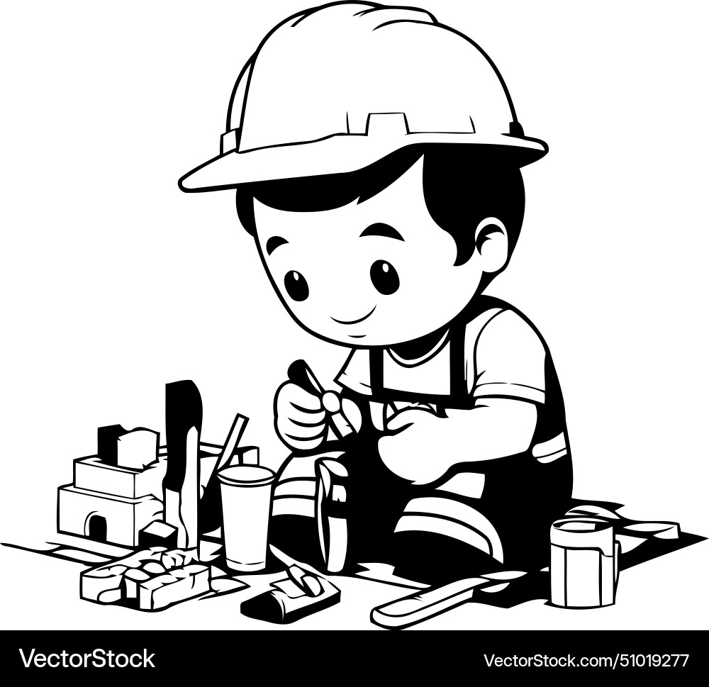 A cute little boy working with construction tools Vector Image
