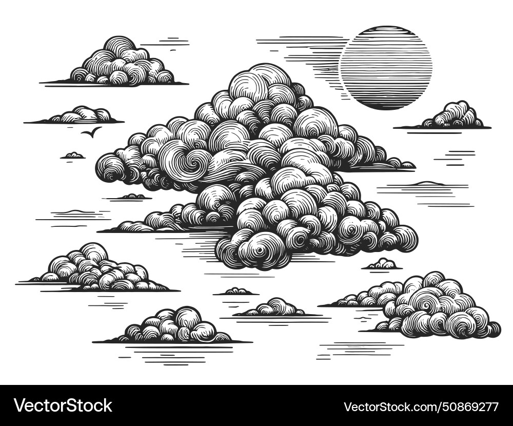 Clouds and sun engraving Royalty Free Vector Image