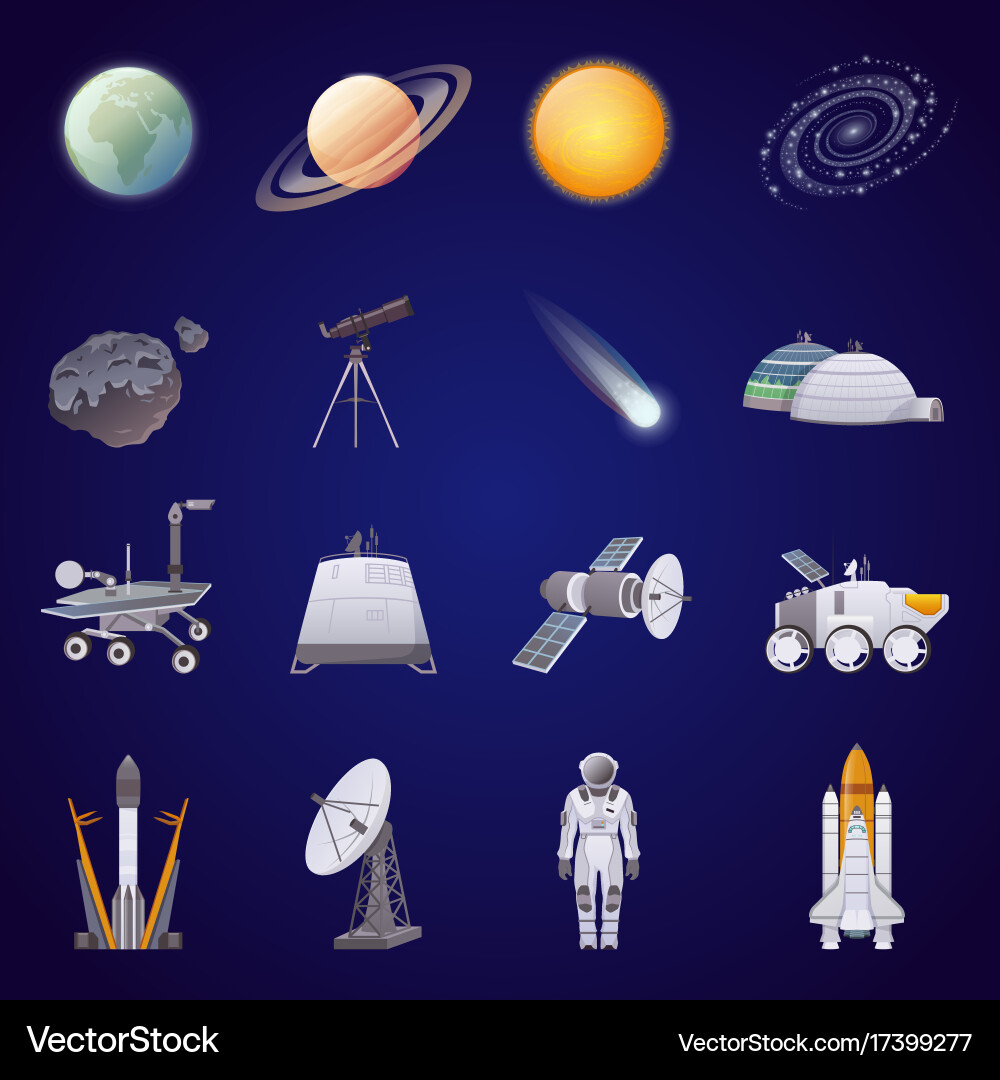 Space exploration flat icons set Royalty Free Vector Image