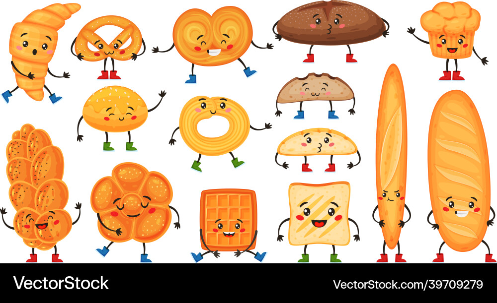 Cute cartoon bread characters with happy faces Vector Image