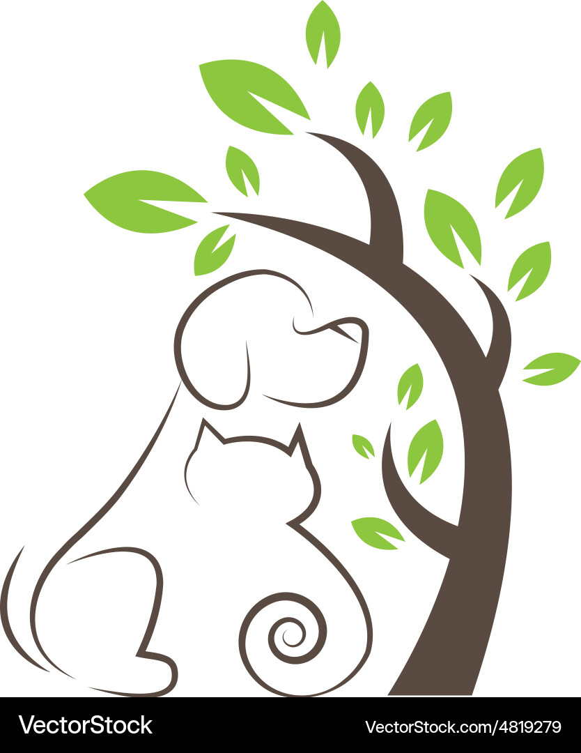 Line drawing cats and dogs under the tree Vector Image
