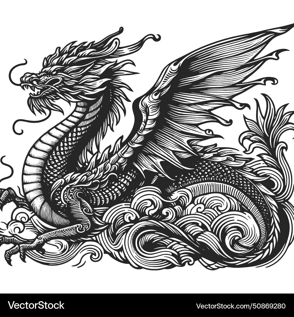 Dragon engraving sketch Royalty Free Vector Image