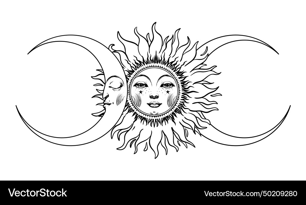 Sun with a face and the crescent moon Royalty Free Vector